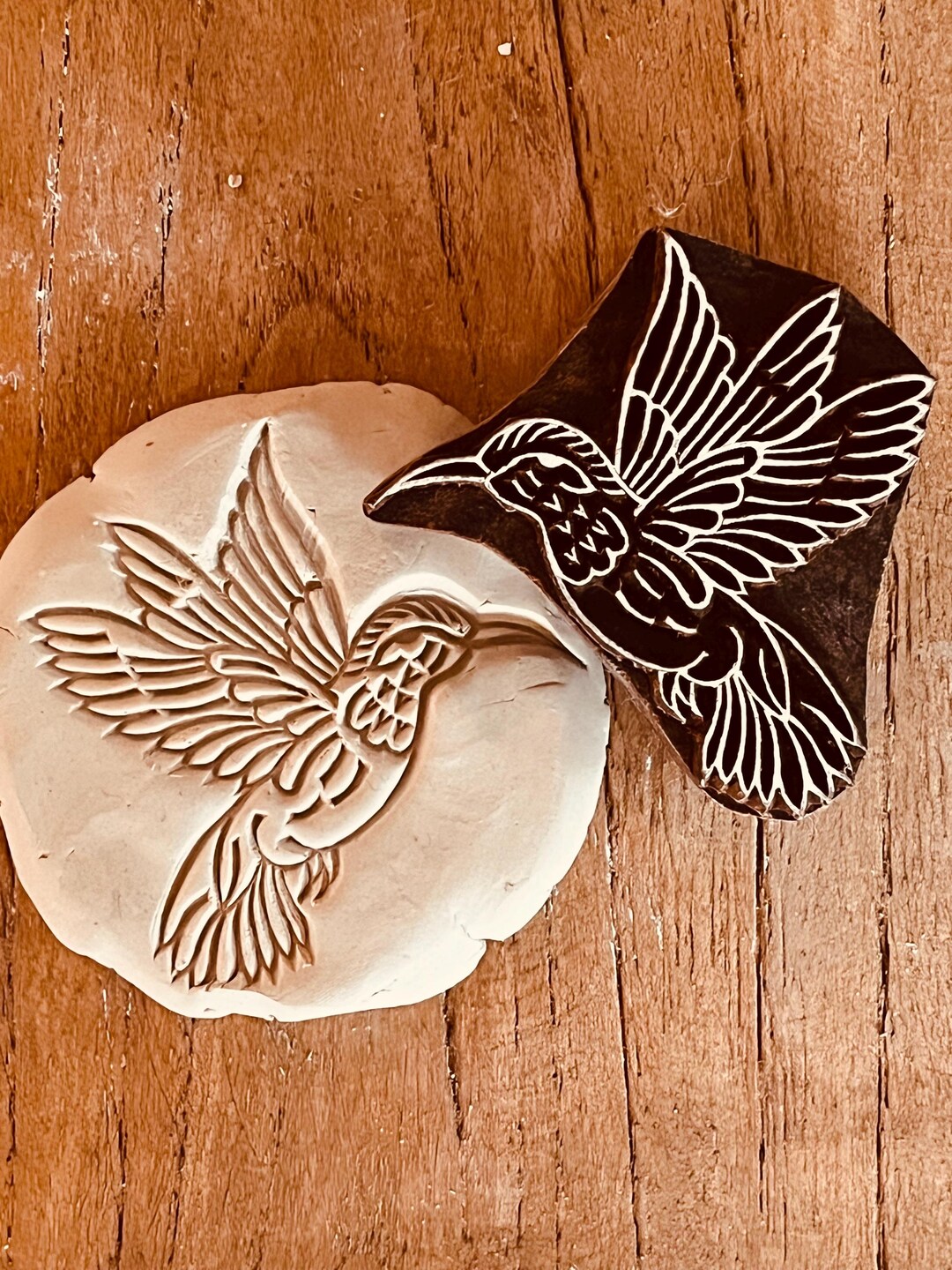 Hand Carved Rosewood Hummingbird Stamp for Pottery, Clay, Fabric (7.5cm ...
