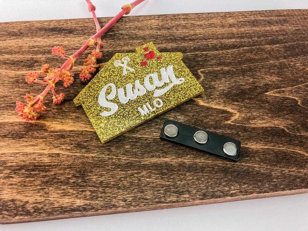 Real Estate Glitter Name Tag, Magnetic Realtor Nametag, House Shaped ...
