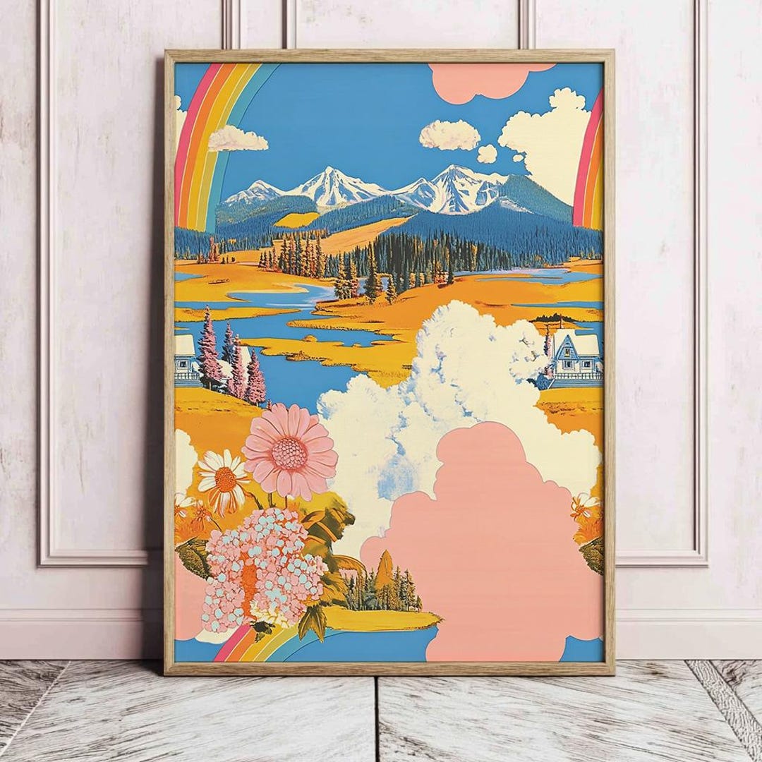 Retro Utopian Mountain Landscape Print – 70s Psychedelic Countryside ...