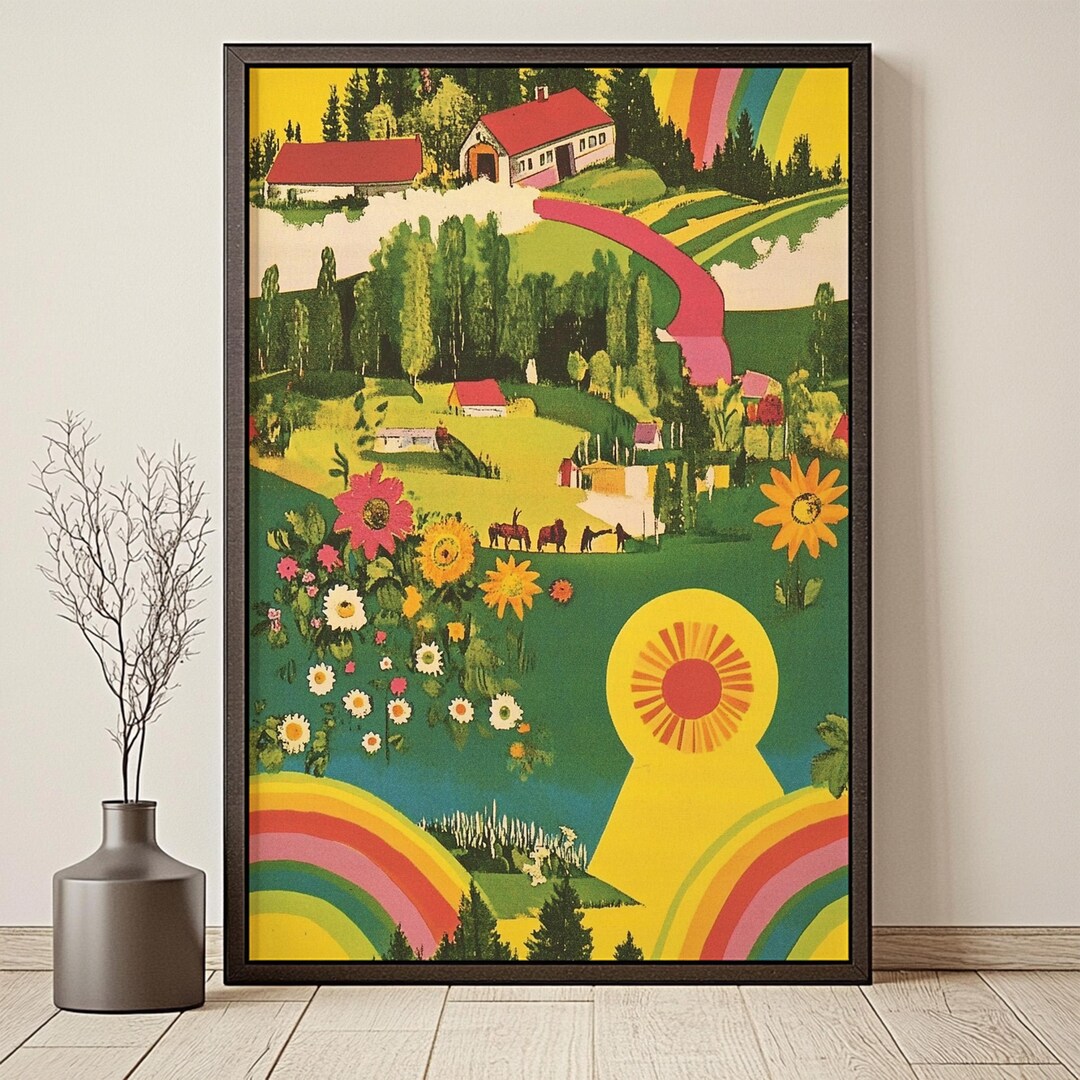 Retro Utopian Rainbow Landscape Print – 70s Groovy Countryside Poster ...