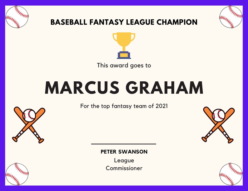 Editable Baseball Award Certificate INSTANT DOWNLOAD Team - Etsy