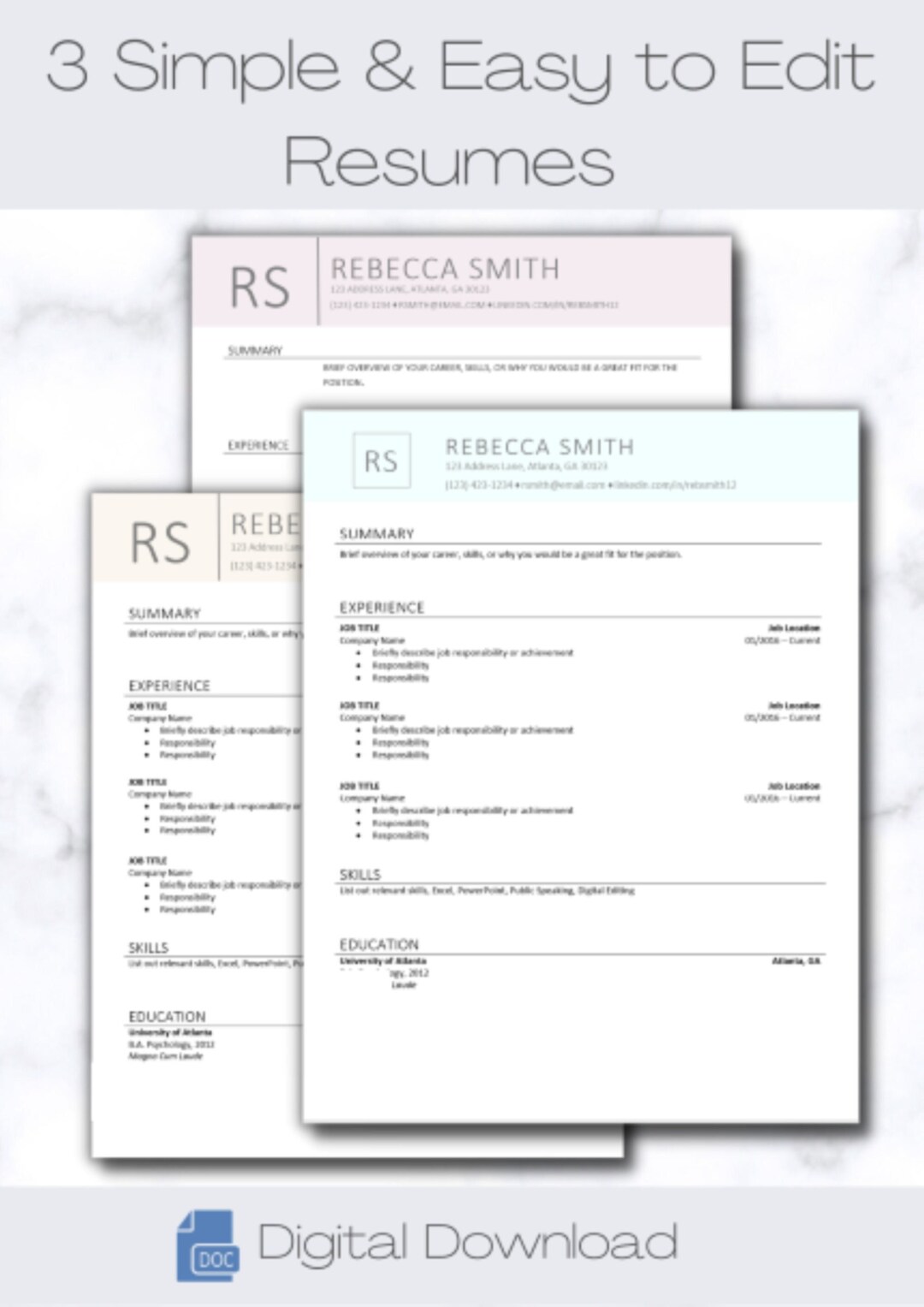 3 Simple Easy Resume Templates! Good for ATS! - Etsy