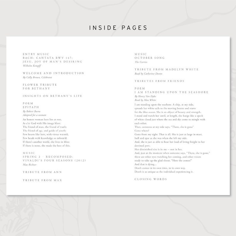 Funeral Program / Order of Service/ Remembrance Service / - Etsy