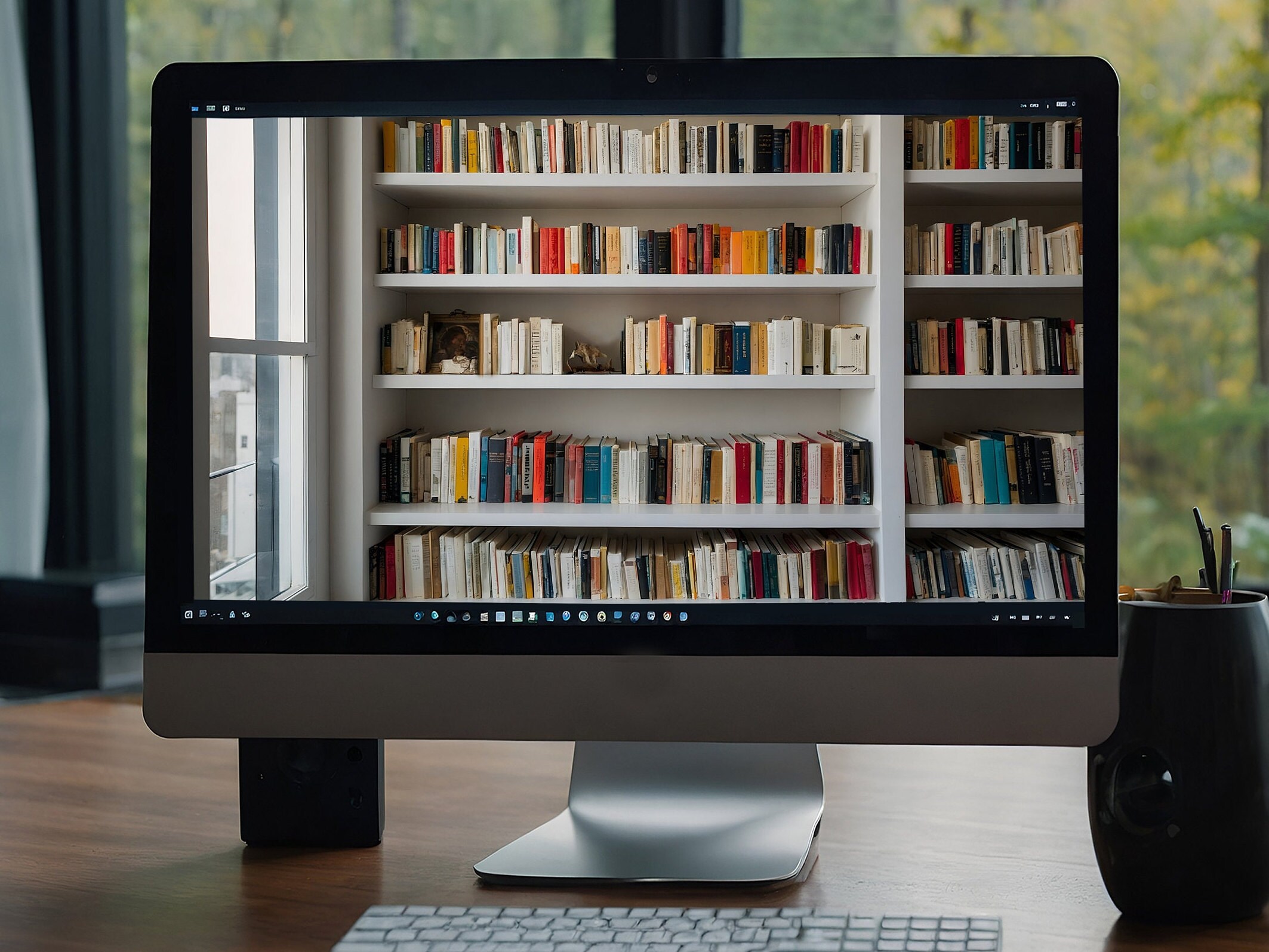 Zoom Background White Bookshelf Library and Window, Virtual Home Office ...