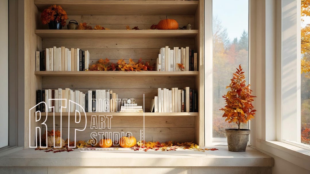 Autumn Bookshelf Virtual Background for Zoom Meeting, Fall Themed Home ...
