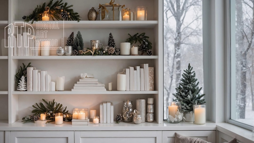 Winter Bookshelf Virtual Background Zoom Meetings, Christmas Themed Professional Home Office ...