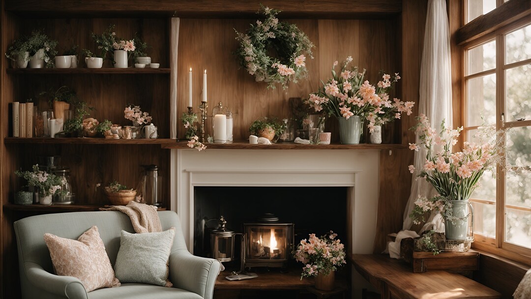 Virtual Background of a Rustic Spring Home Mantel for Zoom, MS Teams ...