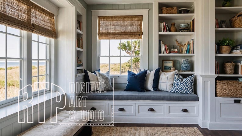 Coastal Farmhouse Corner Window Zoom Background, Virtual Chic Boho ...