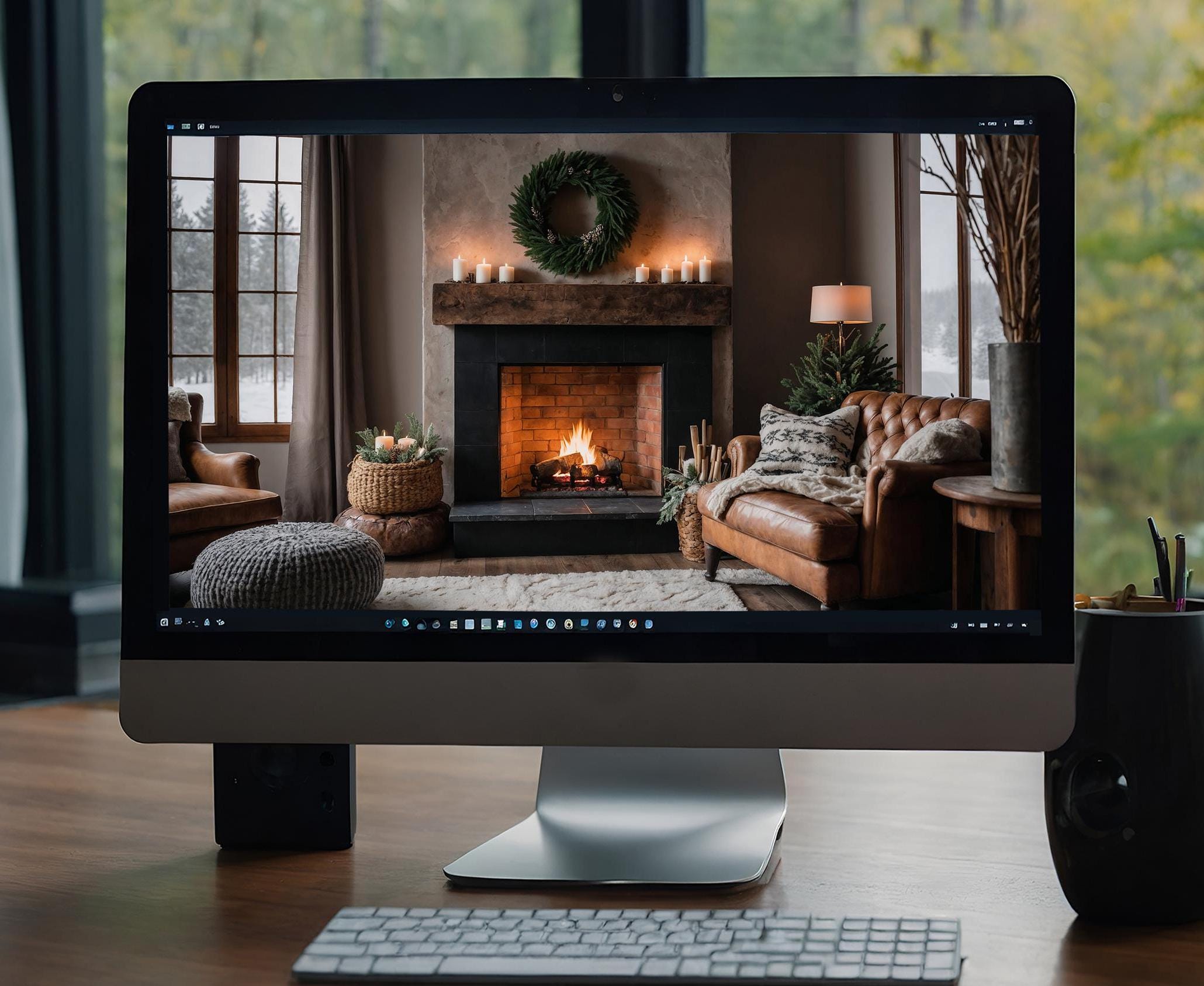 Virtual Winter Background for Meetings, Cozy Home Fireplace Backdrop ...