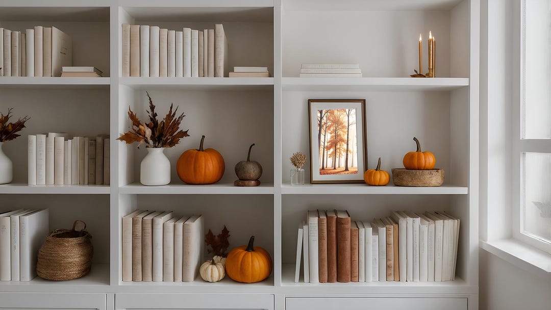 Autumn Decor White Bookshelf Virtual Background for Zoom Meeting, Fall ...