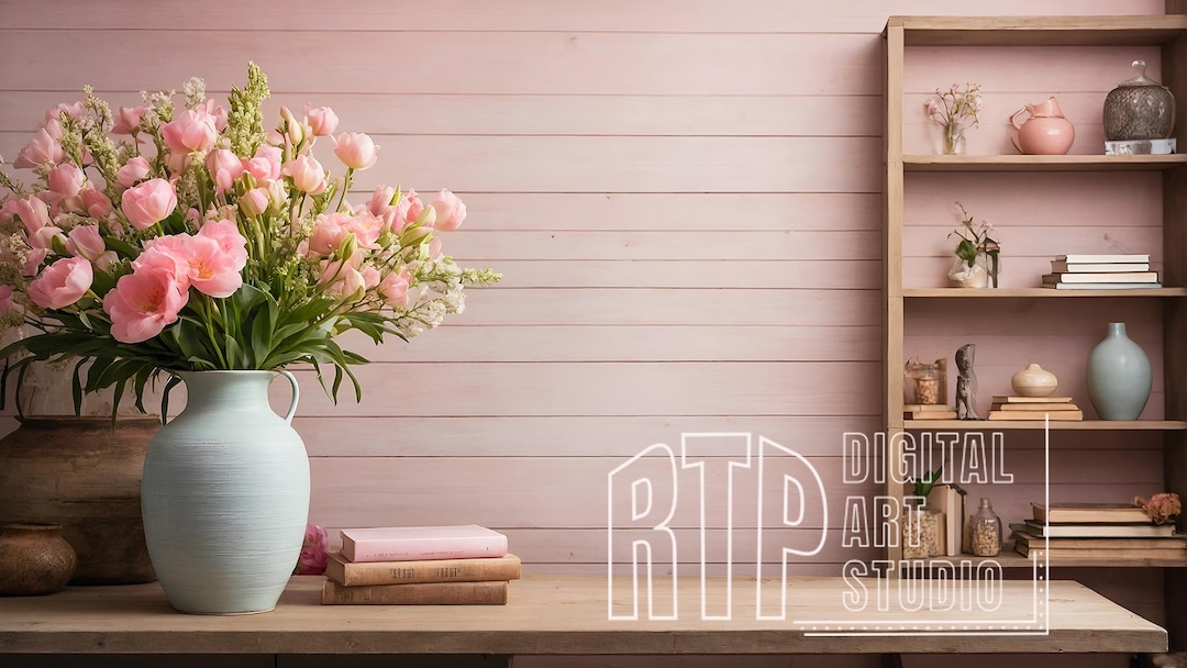 Virtual Background Pink Spring Bookshelf for Zoom Meetings, Home Office ...