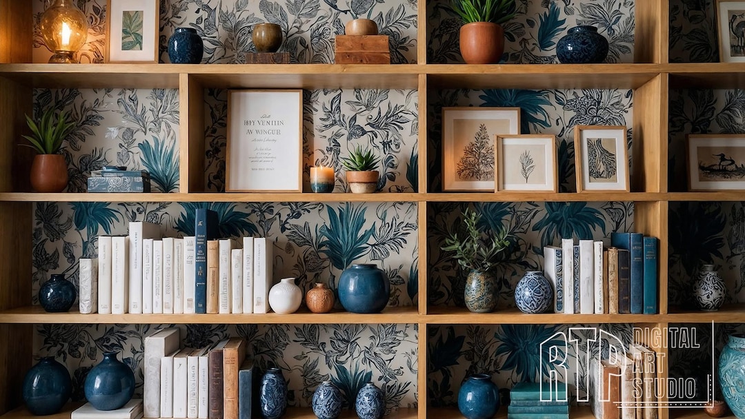 Boho Zoom Background Bookshelf, Professional Virtual Home Office ...
