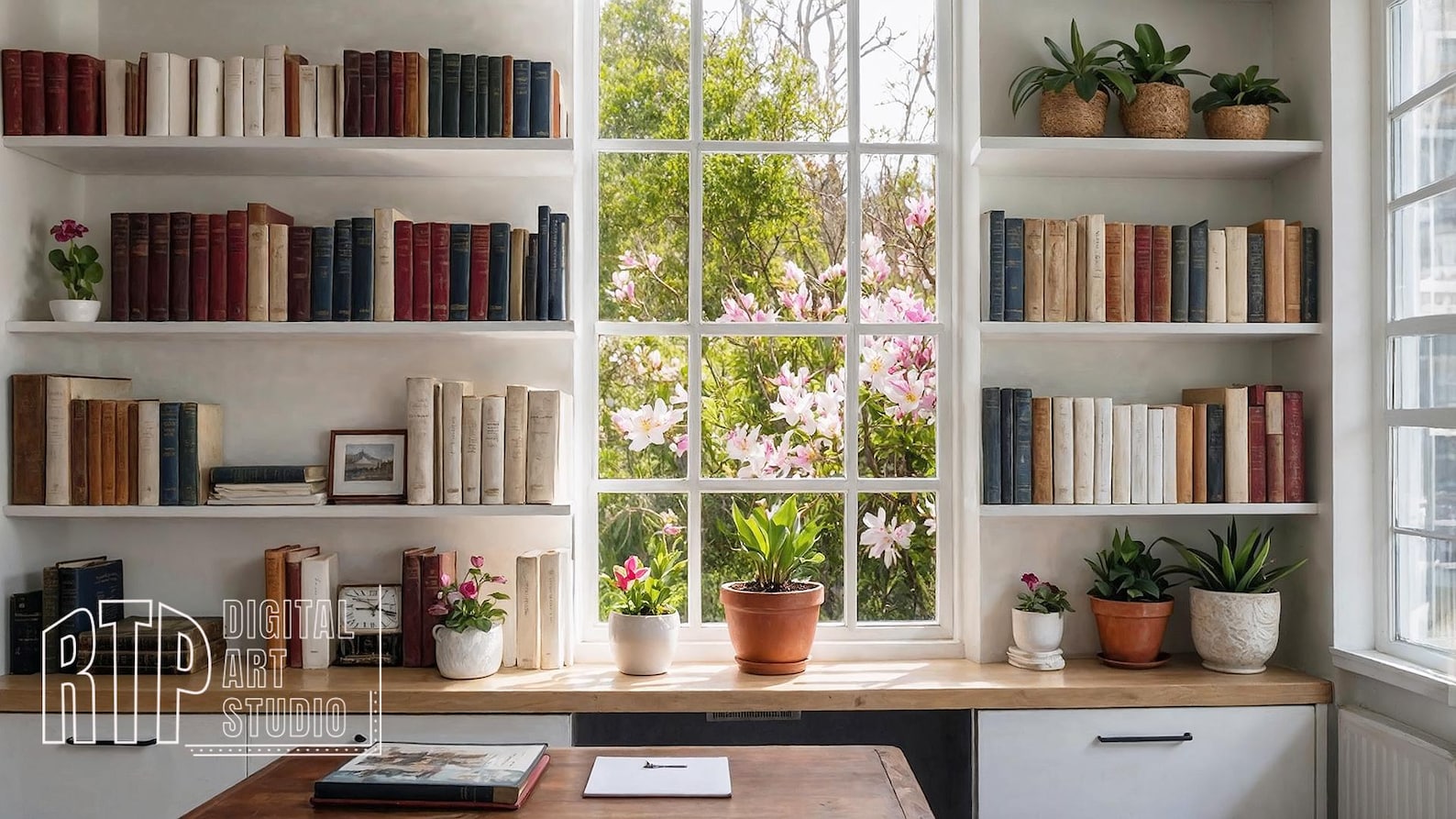 Spring White Bookshelf and Window Zoom Background, Virtual Home Office ...