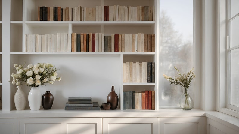 Zoom Background White Bookshelf and Window, Virtual Home Office Background for Teams Meetings ...