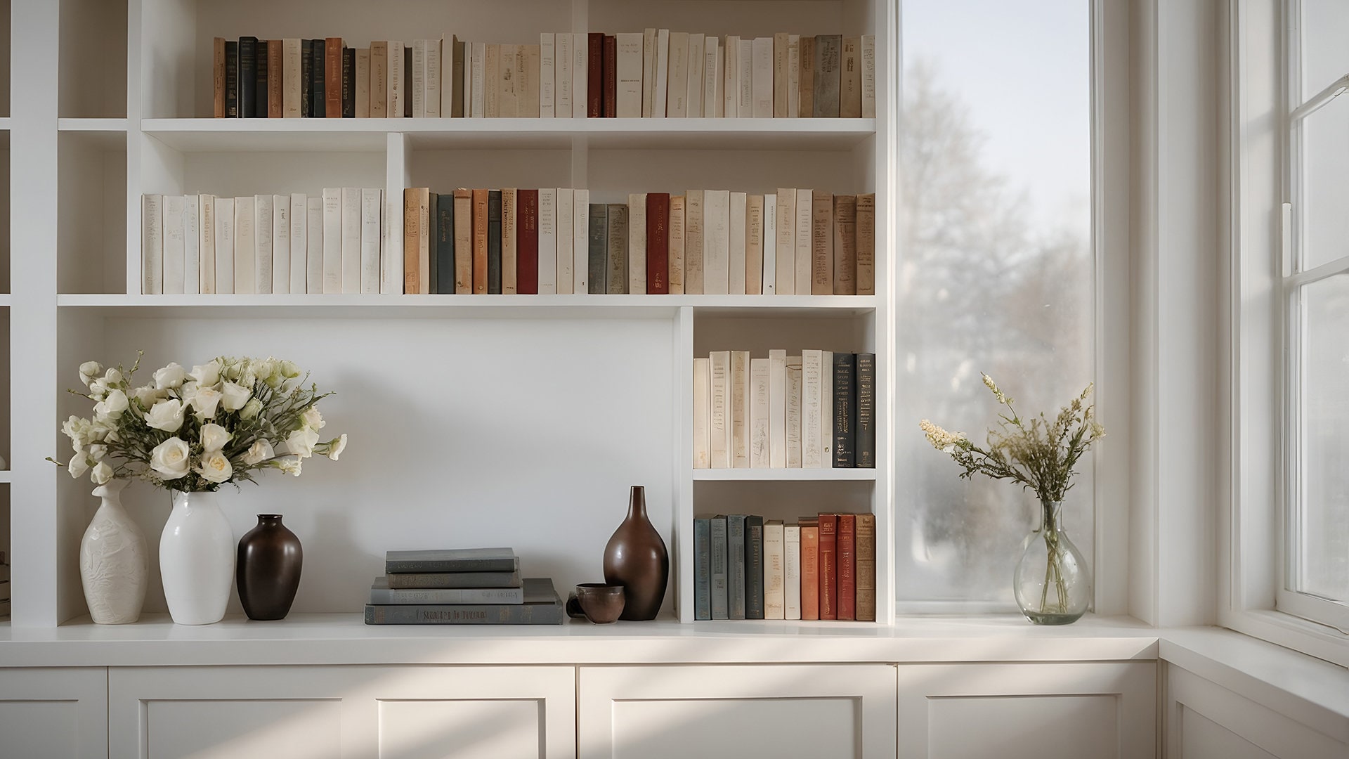Zoom Background White Bookshelf and Window, Virtual Home Office ...