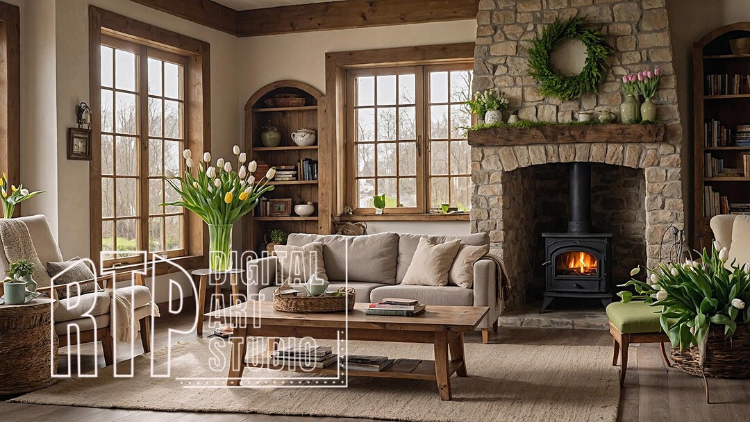Rustic Spring Living Room Virtual Background for Zoom, MS Teams, Webex ...