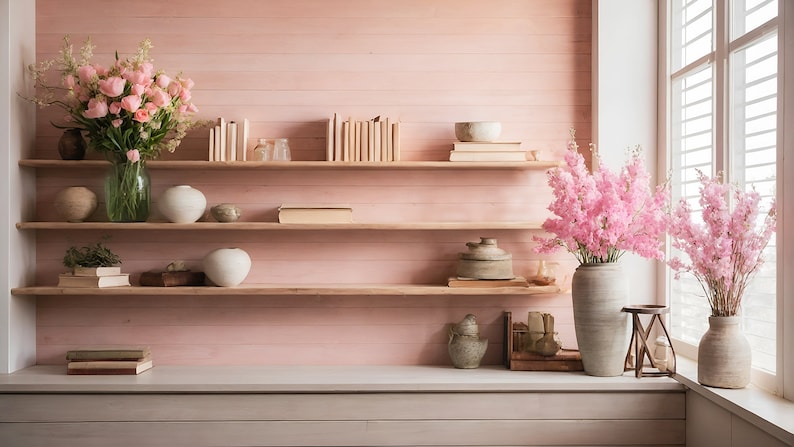 Virtual Background Pink Spring Bookshelf for Zoom Meetings, Home Office ...