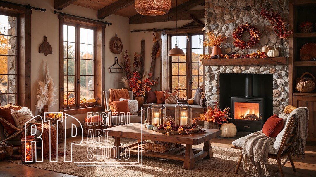 Zoom Background Rustic Fall Home Living Room Virtual Office, Cozy ...
