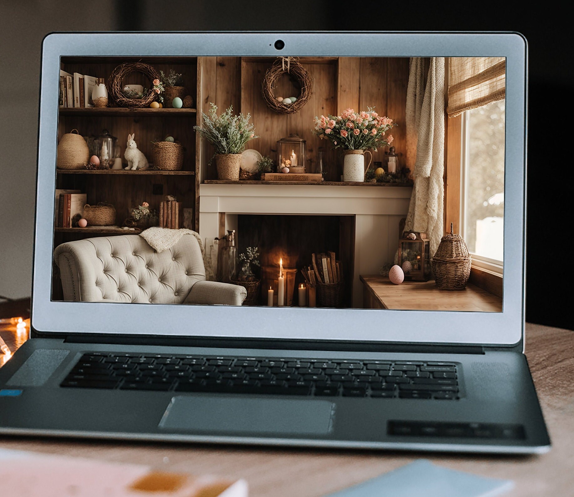 Virtual Background of a Rustic Spring Home Mantel for Zoom, MS Teams ...