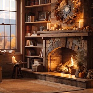 Fall Background Rustic Cabin Virtual Office for Zoom, Virtual Bookshelf ...