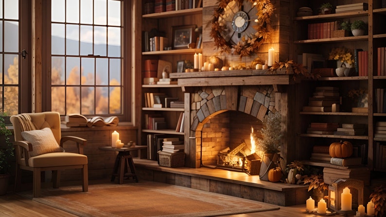 Fall Background Rustic Cabin Virtual Office for Zoom, Virtual Bookshelf ...