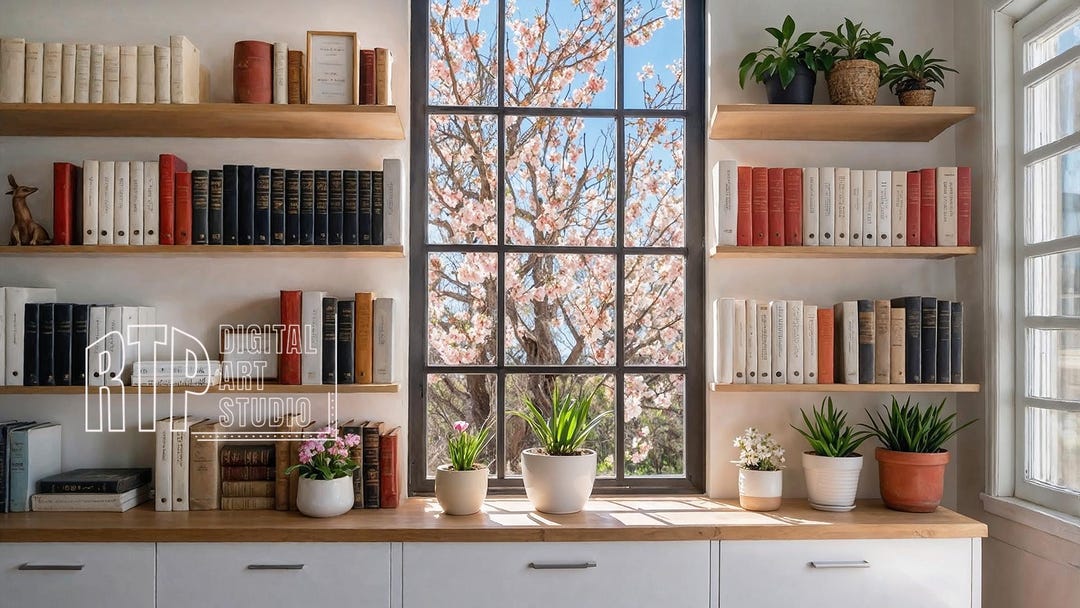 Spring White Bookshelf and Window Zoom Background, Virtual Home Office ...