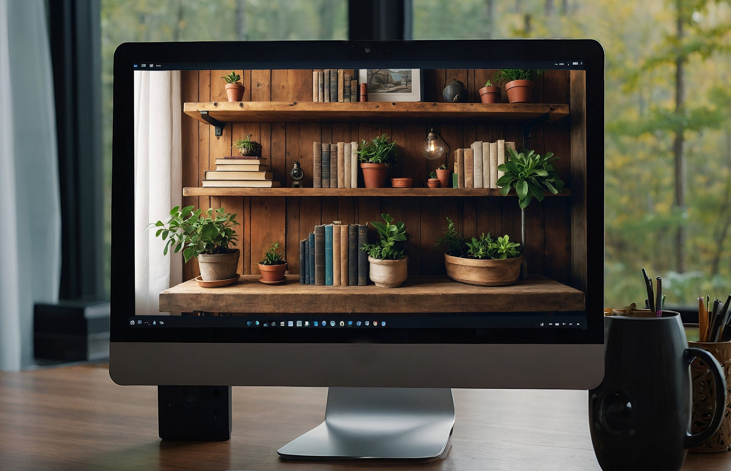 Virtual Background Rustic Bookshelf for Zoom Meetings, Home Office ...