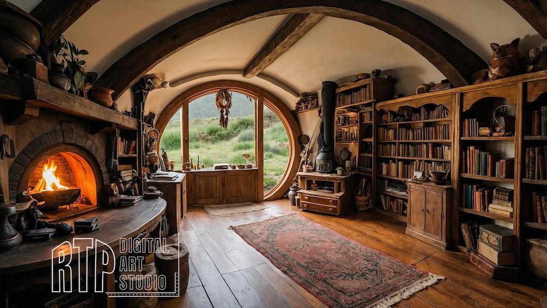 Hobbit House Zoom Background, Whimsical Hobbiton Library Virtual ...