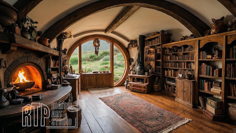 Hobbit House Zoom Background, Whimsical Hobbiton Library Virtual ...