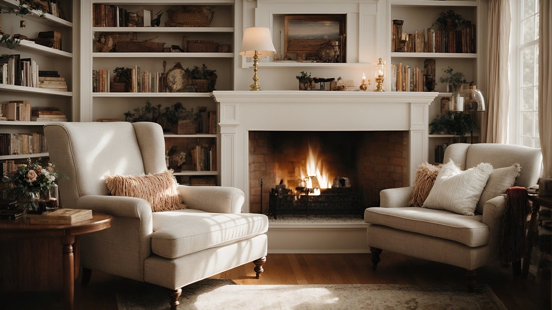 Virtual Winter Background for Meetings, Cozy Home Library Backdrop for ...