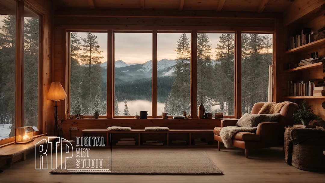 Winter Mountain Cabin Zoom Background Virtual Office for Online Meetings, Rustic Cozy Holiday ...