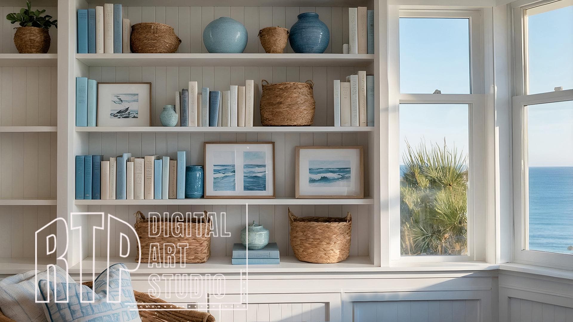 Coastal Cottage Bookshelf Zoom Background, Virtual Chic Boho Farmhouse ...