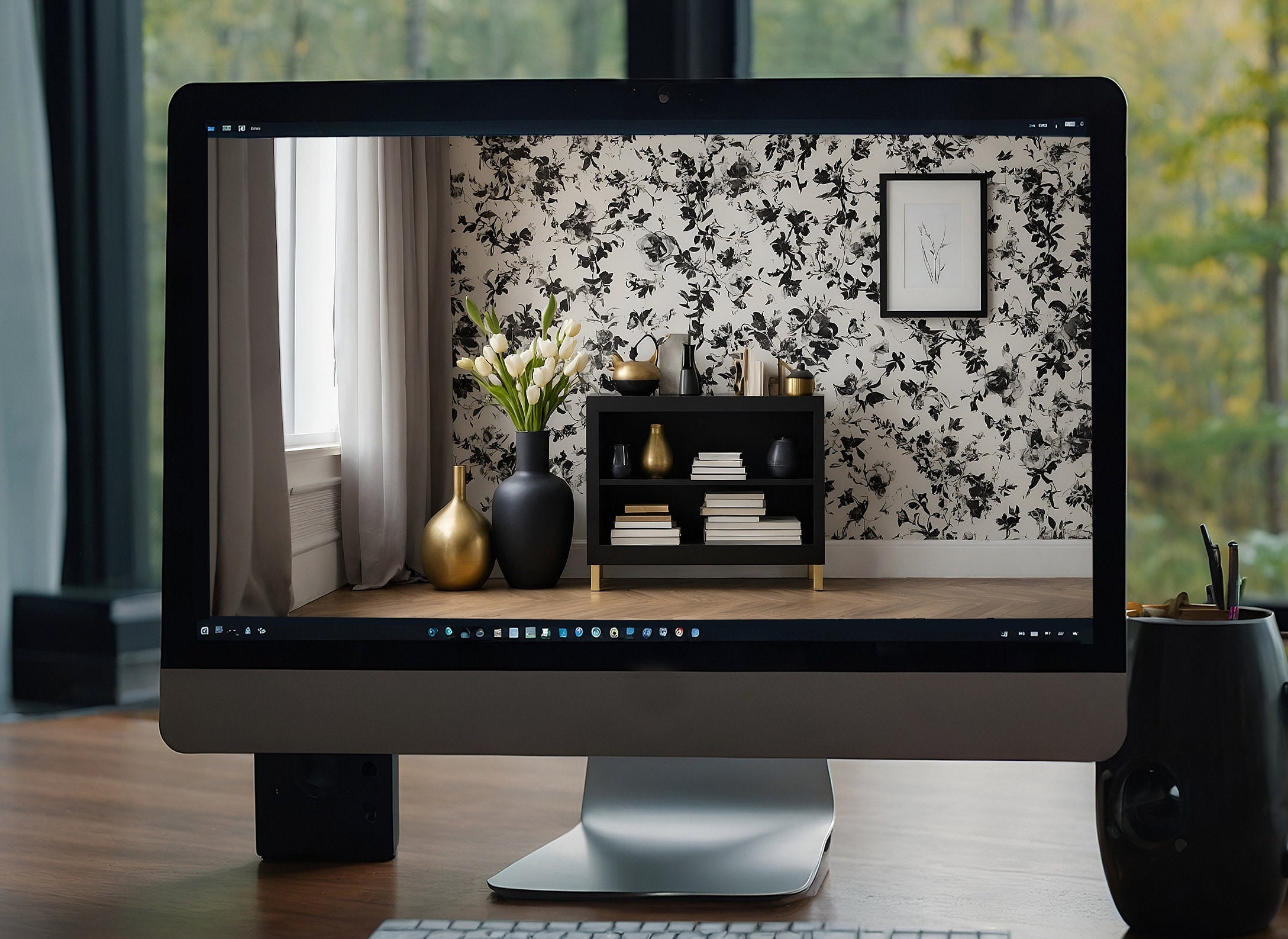 Zoom Background Home Office, Elegant Black and White Floral Wallpaper ...