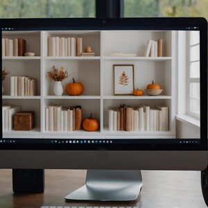 Autumn Decor White Bookshelf Virtual Background for Zoom Meeting, Fall ...