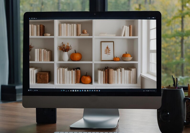 Autumn Decor White Bookshelf Virtual Background for Zoom Meeting, Fall ...