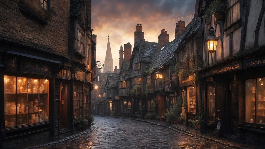 Medieval Commune Alley Zoom Background, Wizard Wand Shop Cobblestone ...