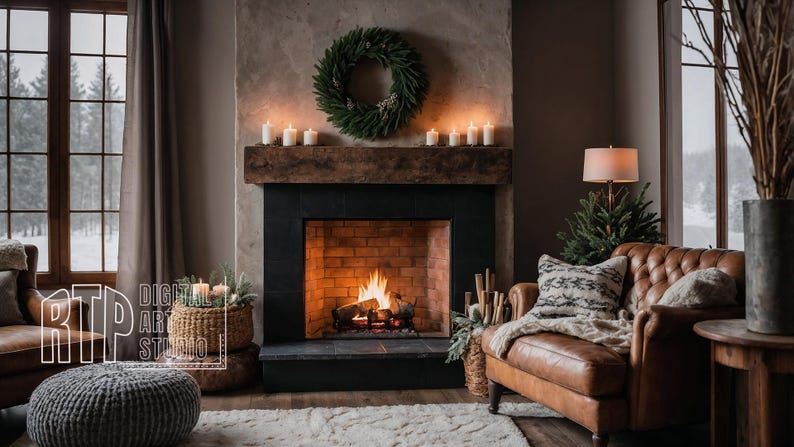 Virtual Winter Background for Meetings, Cozy Home Fireplace Backdrop ...