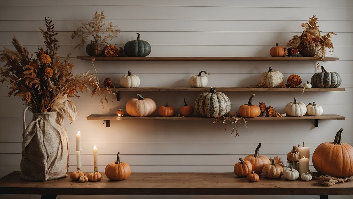 Virtual Background Autumn Bookshelf for Zoom Meeting, Fall Themed Home ...