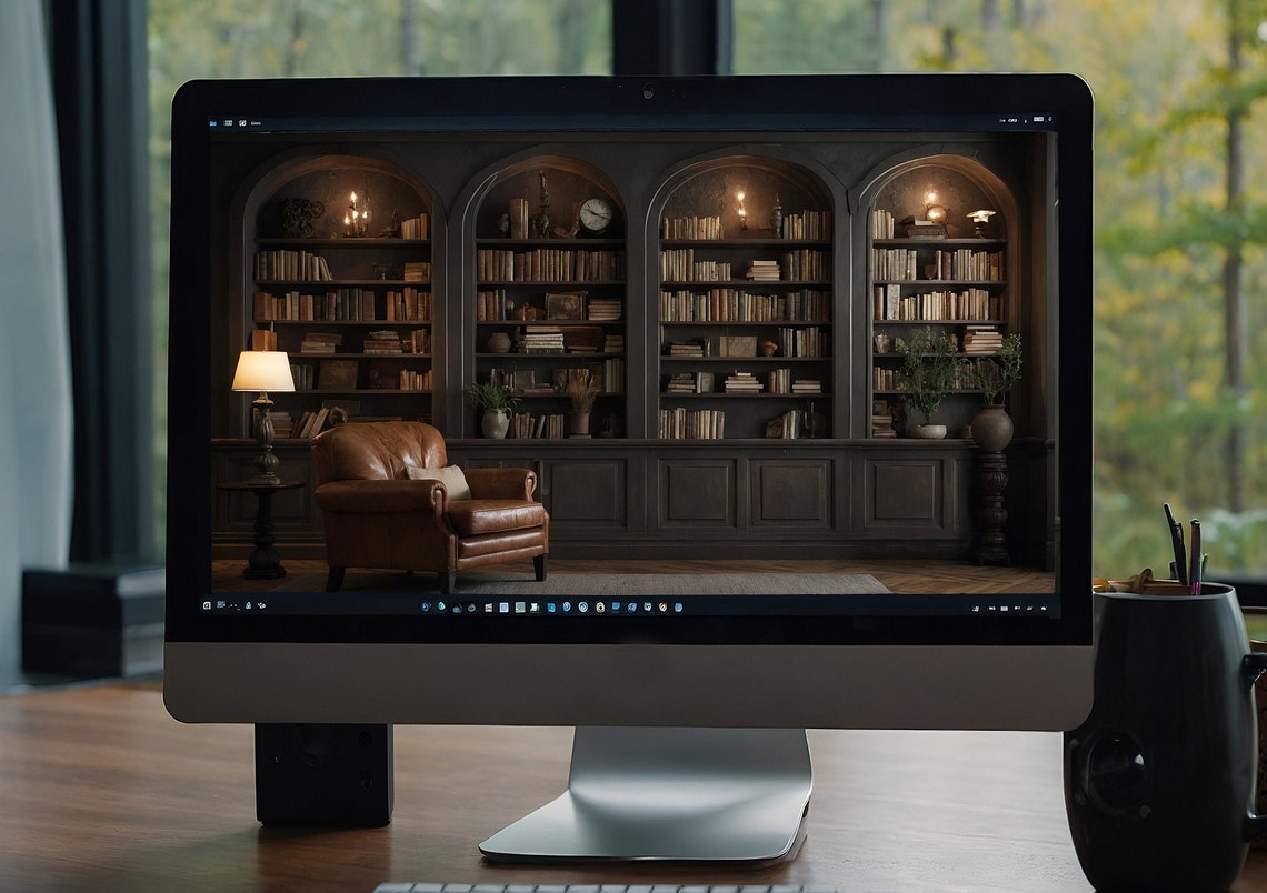 Virtual Background Gray Bookshelf for Zoom Meetings, Dark Academia Home ...