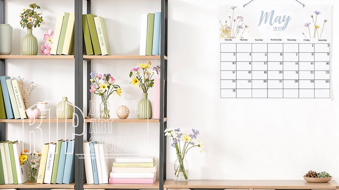 May 2026 Calendar, Spring Bookshelf Virtual Background Zoom Meetings ...