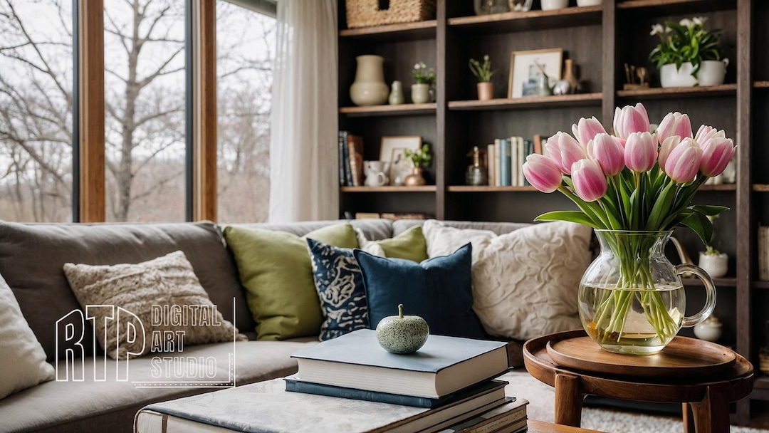 Virtual Background Spring Living Room for Zoom Meetings, Pink Tulips ...