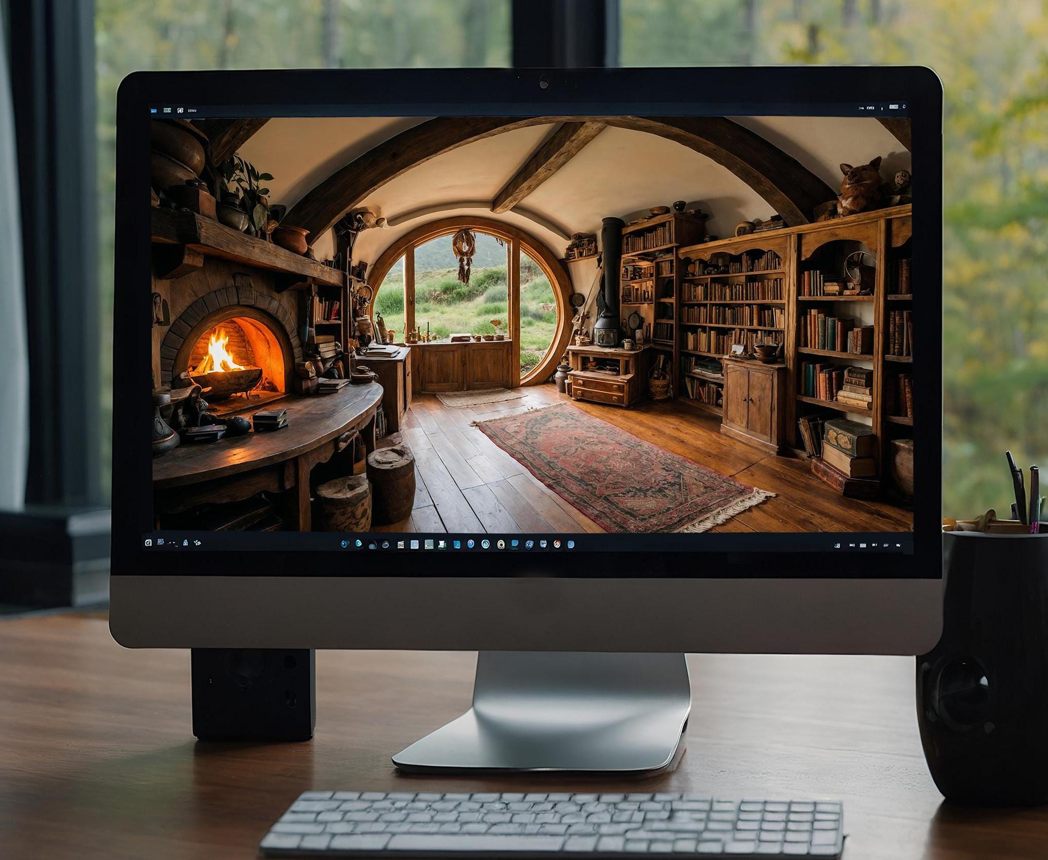 Hobbit House Zoom Background, Whimsical Hobbiton Library Virtual ...