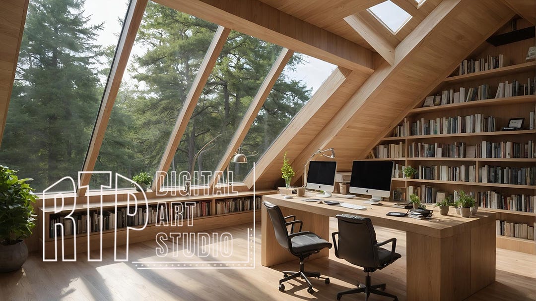Teams Background Loft Office With Skylights and Bookshelves for Zoom ...