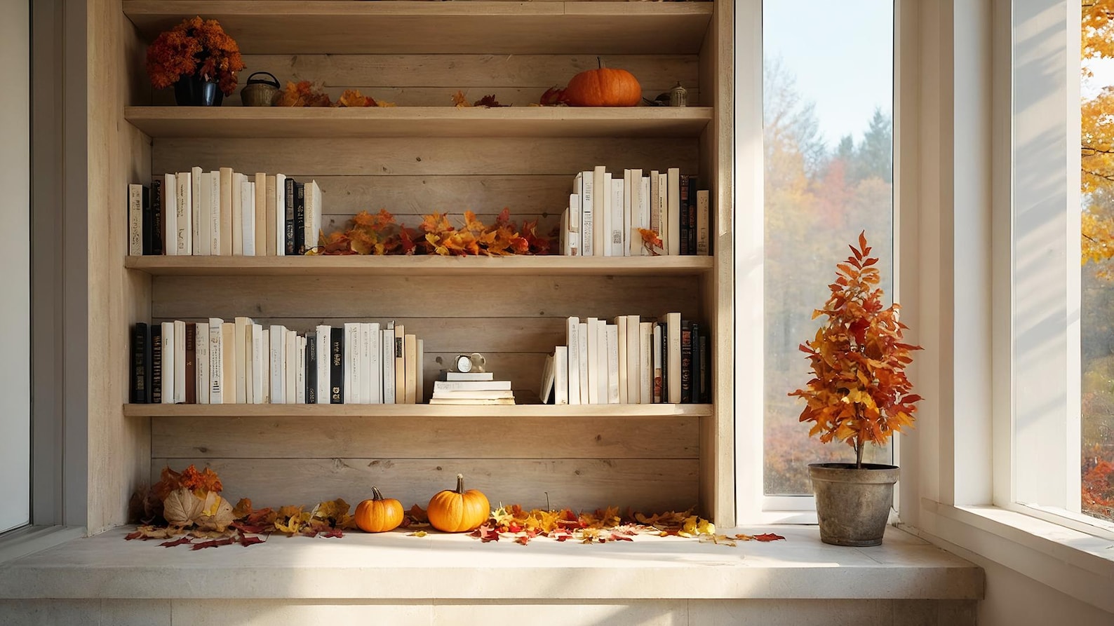 Autumn Bookshelf Virtual Background for Zoom Meeting, Fall Themed Home ...