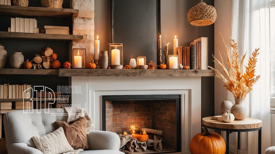 Rustic Home Office Autumn Fireplace Virtual Background for Zoom ...