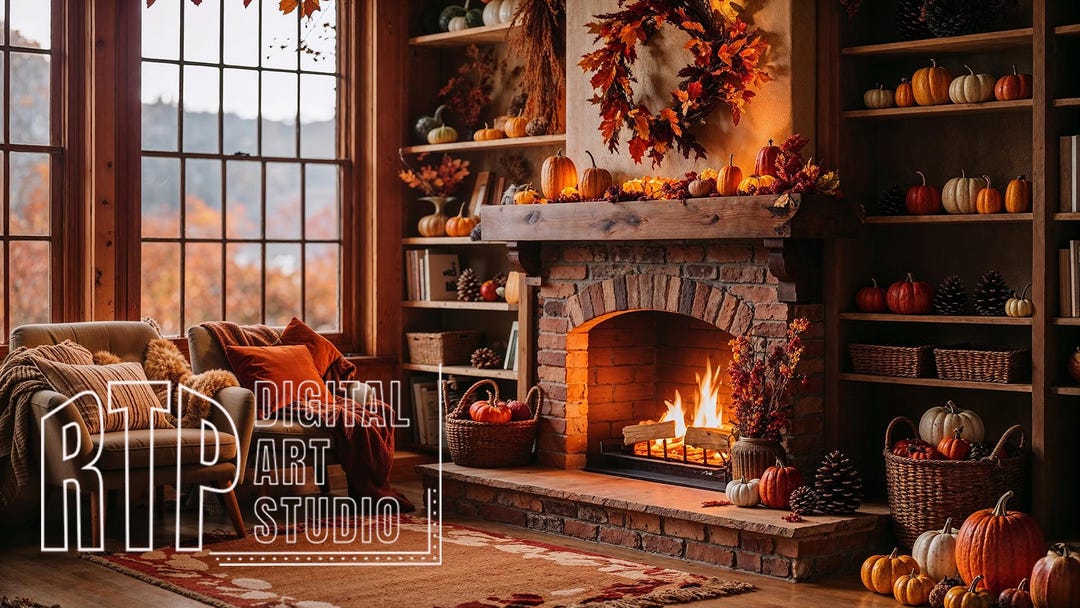Fall Background Rustic Cabin Virtual Office for Zoom, Virtual Bookshelf ...