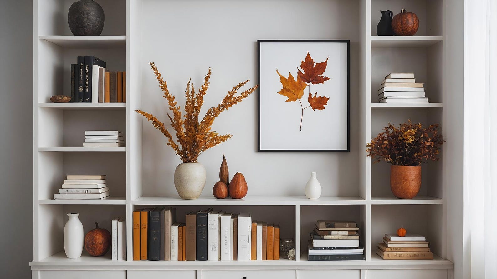Modern Home Office Autumn Bookshelf Virtual Background for Zoom ...