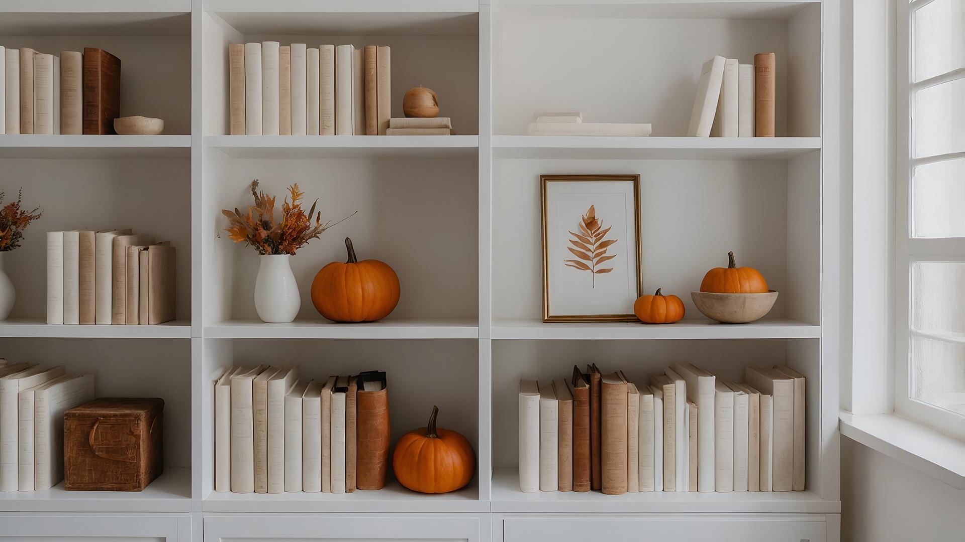 Autumn Decor White Bookshelf Virtual Background for Zoom Meeting, Fall ...