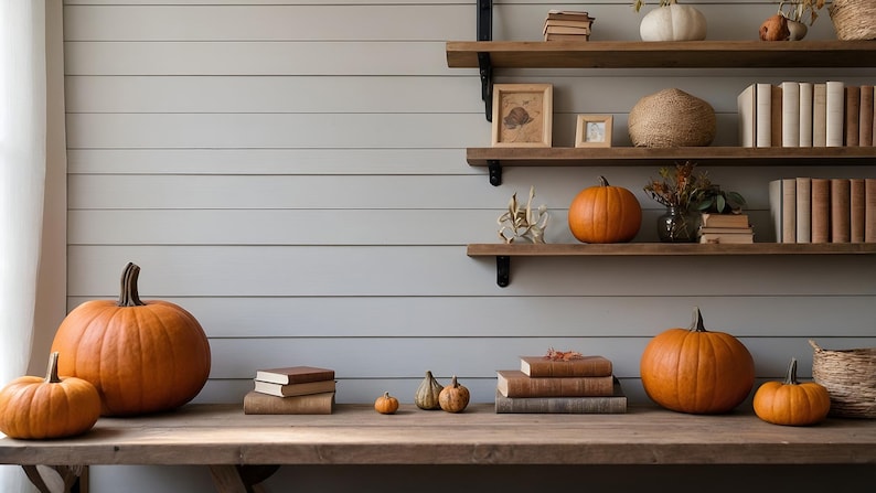 Autumn Bookshelf Virtual Background for Zoom Meeting, Fall Themed Home ...