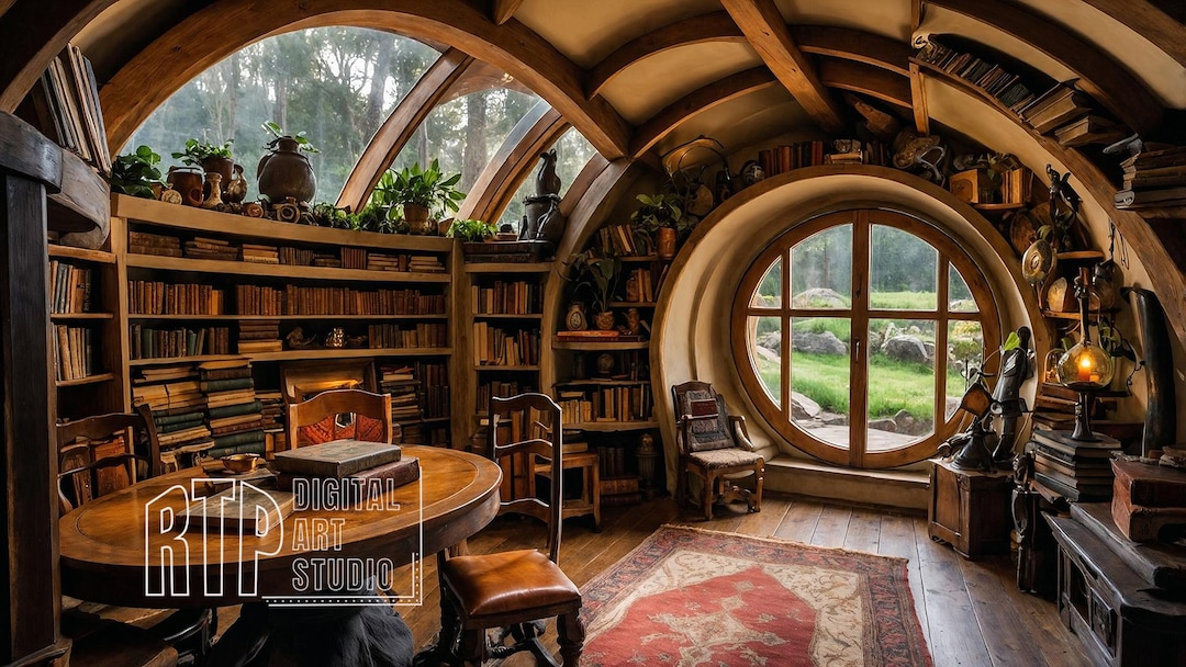Hobbit House Zoom Background, Whimsical Hobbiton Library Virtual ...
